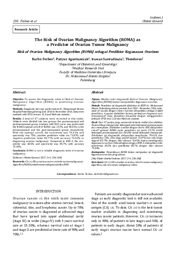 (PDF) The Risk of Ovarian Malignancy Algorithm (ROMA) as a Predictor of Ovarian Tumor Malignancy