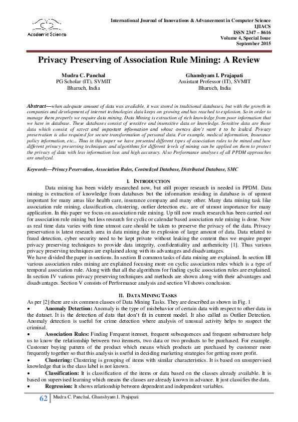 (PDF) Privacy Preserving of Association Rule Mining: A Review
