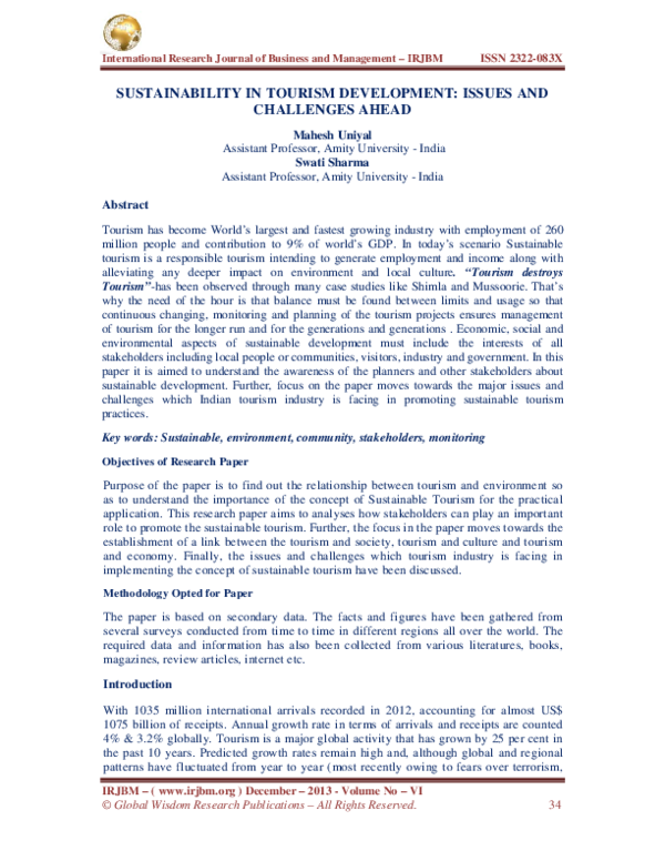 (PDF) Sustainability in Tourism Development: Issues and Challenges Ahead