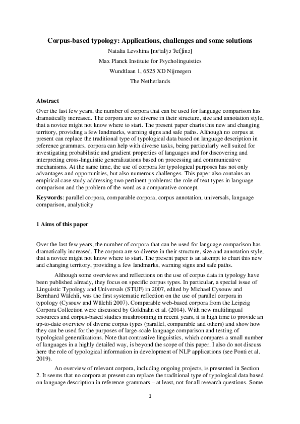 Pdf Corpus Based Typology Applications Challenges And Some Solutions