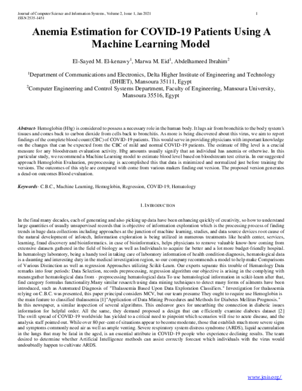 (PDF) Anemia Estimation for COVID-19 Patients Using A Machine Learning ...
