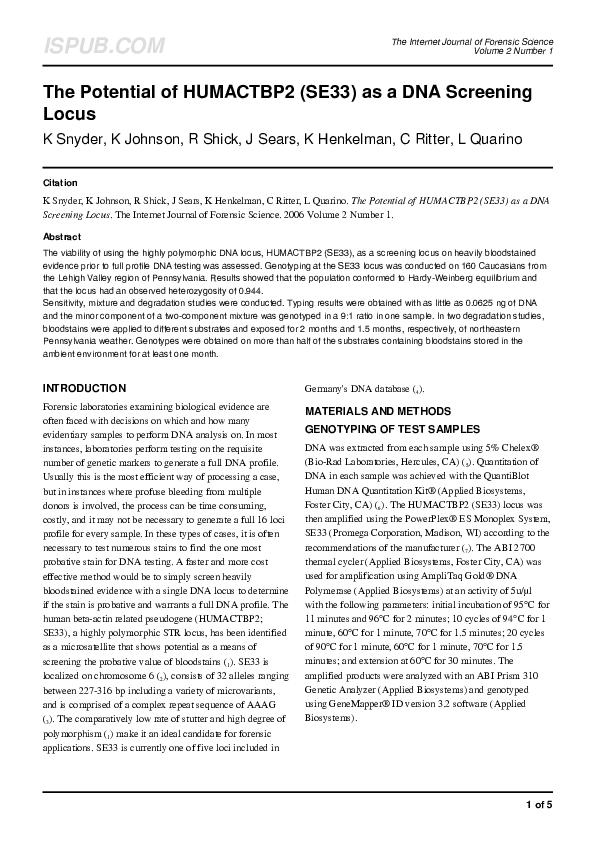 (PDF) The Potential of HUMACTBP2 (SE33) as a DNA Screening Locus