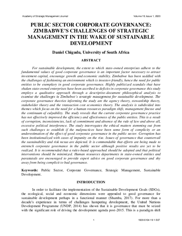 (PDF) Public Sector Corporate Governance: Zimbabwes Challenges of Strategic Management in the ...