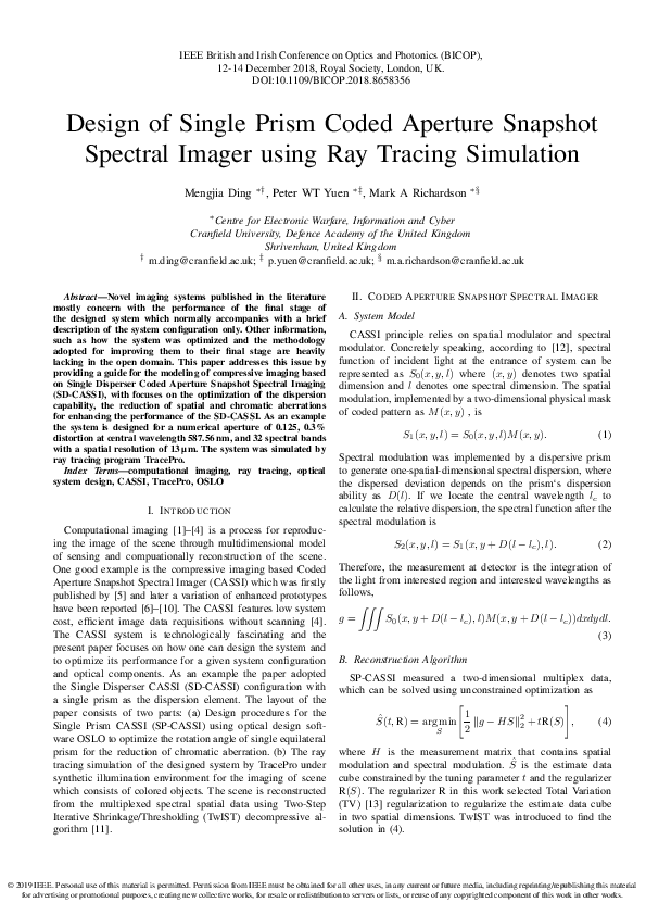 Pdf Design Of Single Prism Coded Aperture Snapshot Spectral Imager