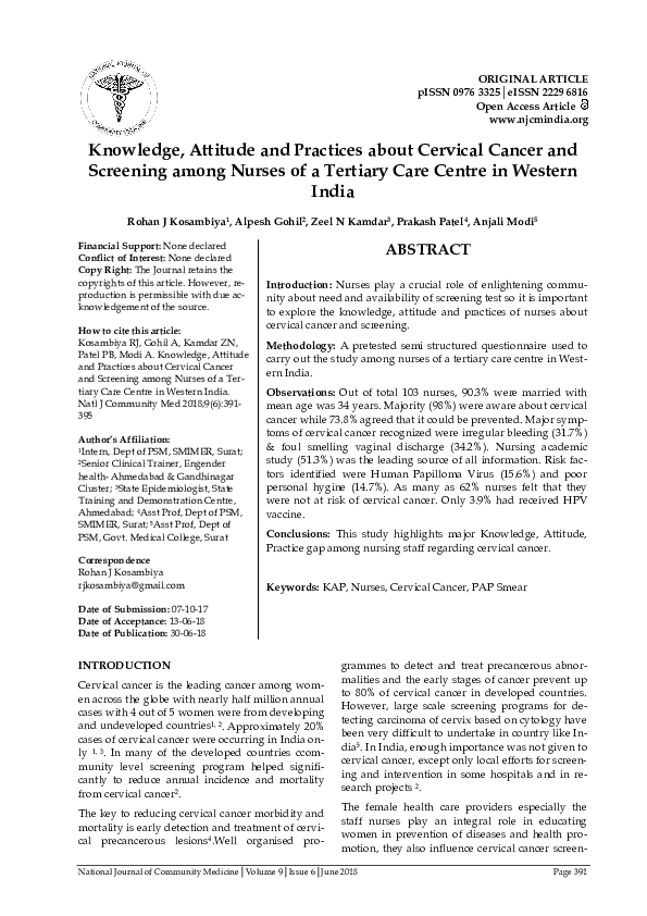 (PDF) Knowledge, Attitude and Practices about Cervical Cancer and Screening among Nurses of a ...