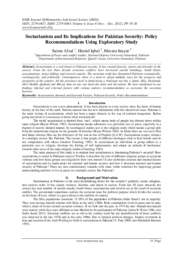 (PDF) Sectarianism and Its Implications for Pakistan Security: Policy ...