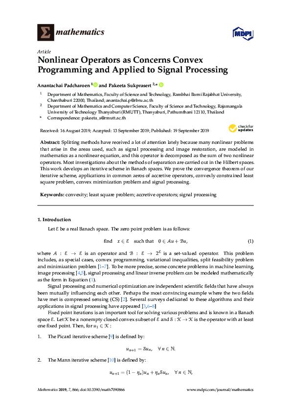 Pdf Nonlinear Operators As Concerns Convex Programming And Applied To Signal Processing