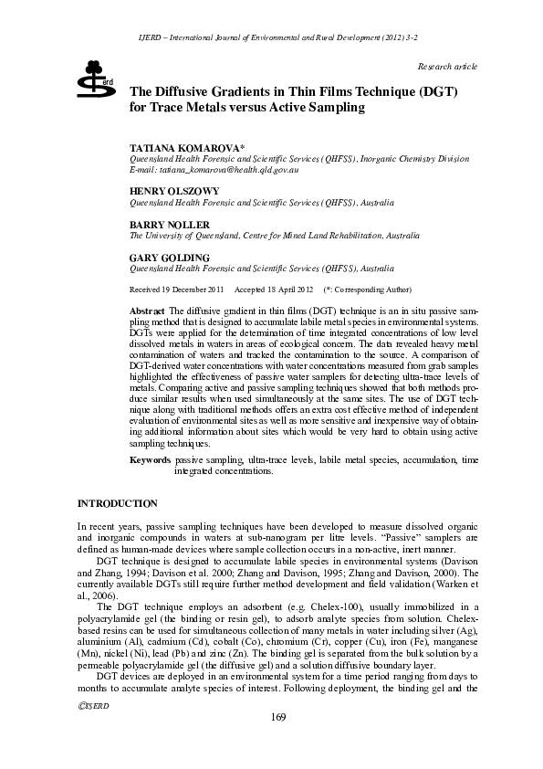 Pdf The Diffusive Gradients In Thin Films Technique Dgt For Trace