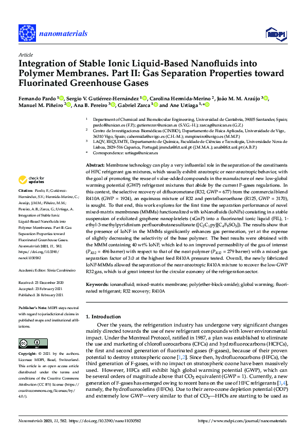 (PDF) Integration of Stable Ionic Liquid-Based Nanofluids into Polymer Membranes. Part II: Gas ...