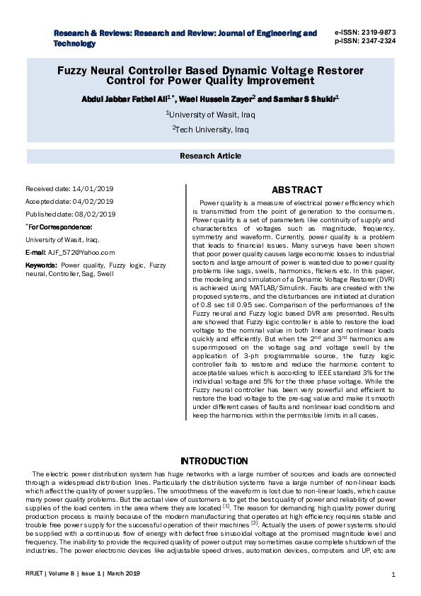Pdf Dynamic Voltage Restoration Via Fuzzy Control