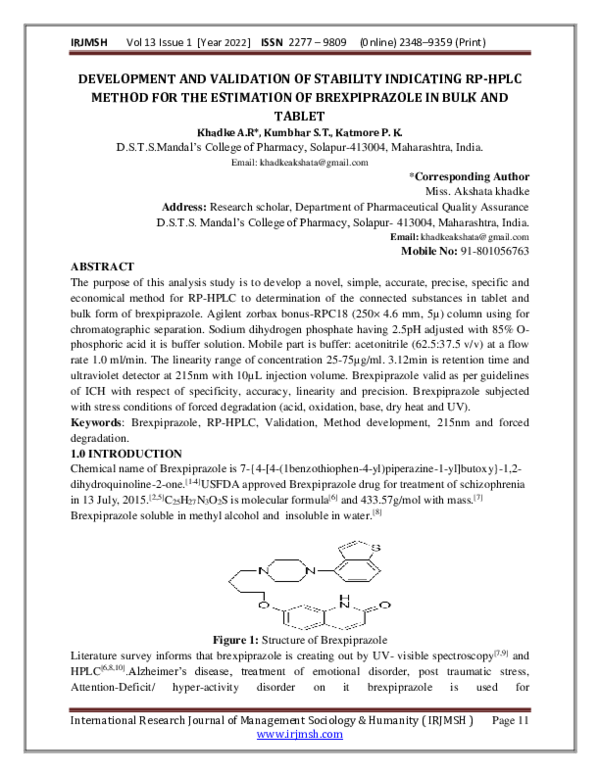(PDF) DEVELOPMENT AND VALIDATION OF STABILITY INDICATING RP-HPLC METHOD FOR THE ESTIMATION OF ...