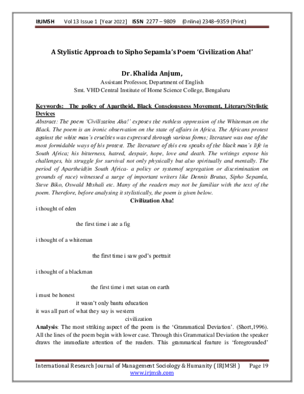 (PDF) A Stylistic Approach to Sipho Sepamla's Poem 'Civilization Aha!'