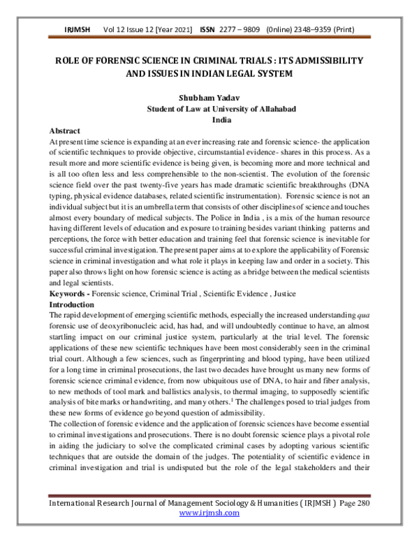 (PDF) ROLE OF FORENSIC SCIENCE IN CRIMINAL TRIALS : ITS ADMISSIBILITY ...