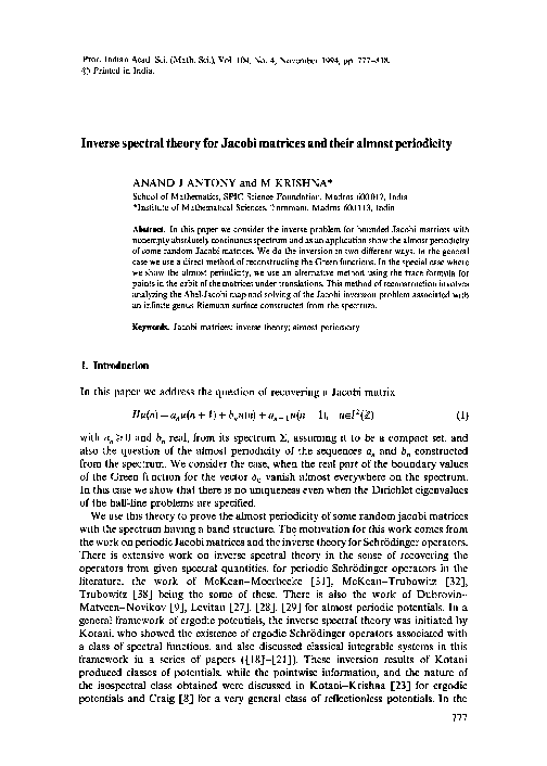 Pdf Inverse Spectral Theory For Jacobi Matrices And Their Almost