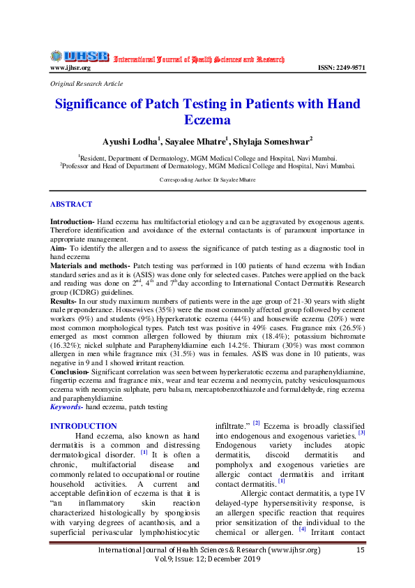 (PDF) Significance of Patch Testing in Patients with Hand Eczema