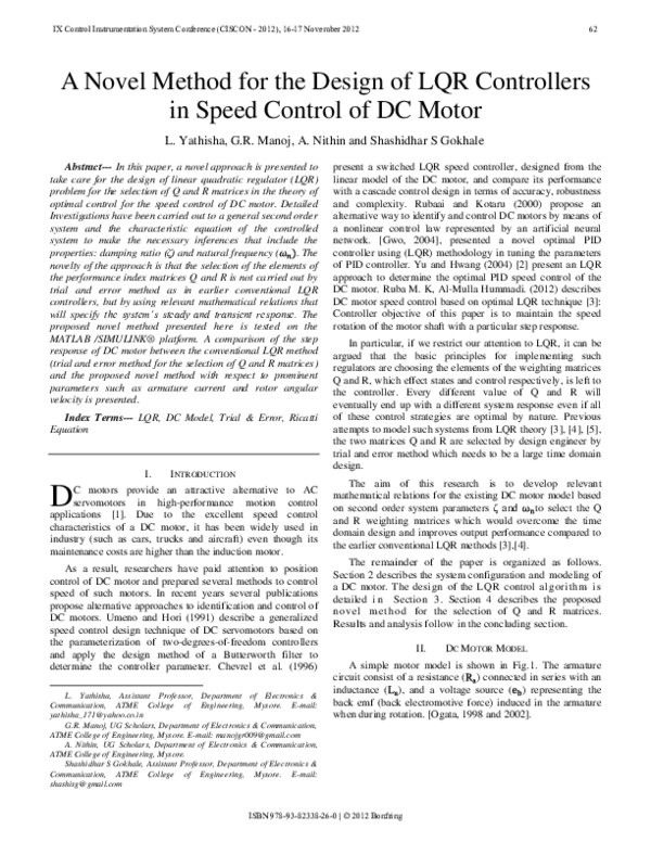 (PDF) A Novel Method for the Design of LQR Controllers in Speed Control ...