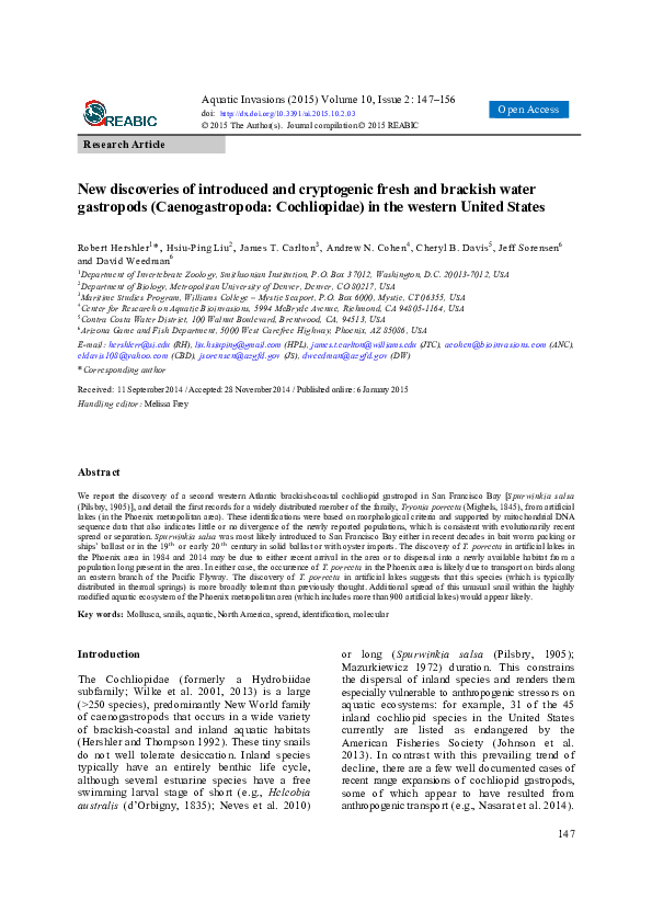 (PDF) New discoveries of introduced and cryptogenic fresh and brackish ...