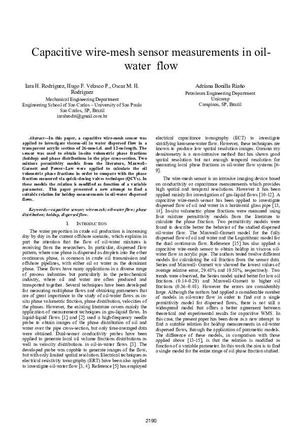 (PDF) Capacitive wire-mesh sensor measurements in oilwater flow