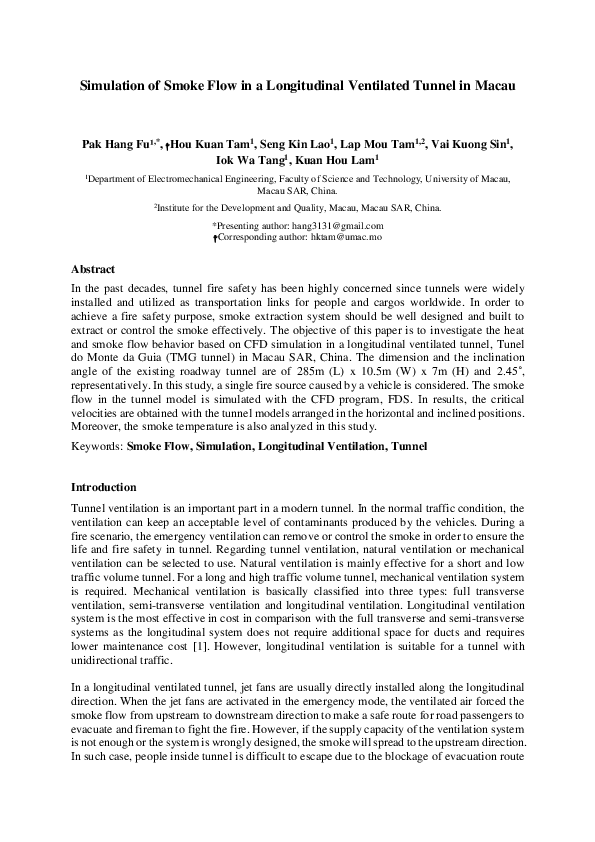 (PDF) Simulation of Smoke Flow in a Longitudinal Ventilated Tunnel in Macau