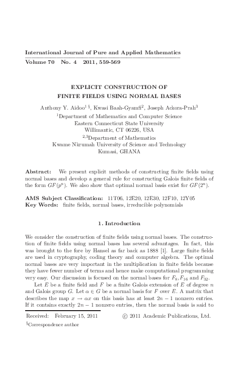 (PDF) Explicit Construction of Finite Fields Using Normal Bases