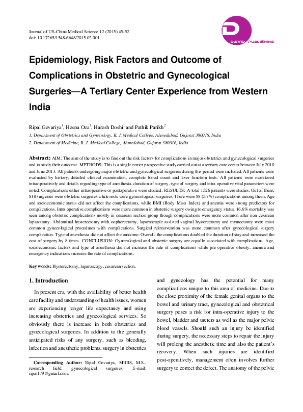 (PDF) Epidemiology, Risk Factors and Outcome of Complications in ...