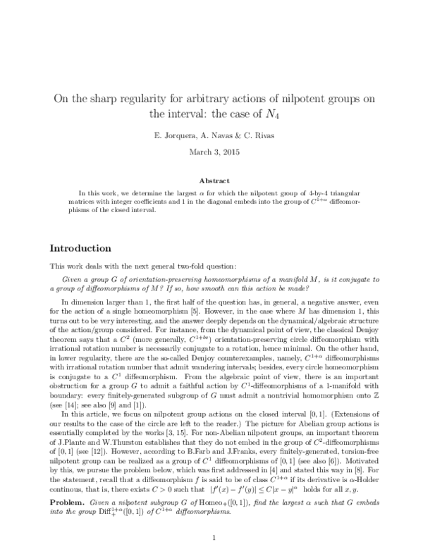 (PDF) On the sharp regularity for arbitrary actions of nilpotent groups on the interval: the case of