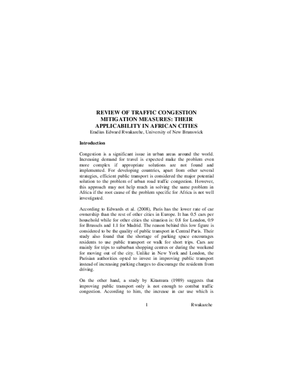 Pdf Review Of Traffic Congestion Mitigation Measures Their Applicability In African Cities