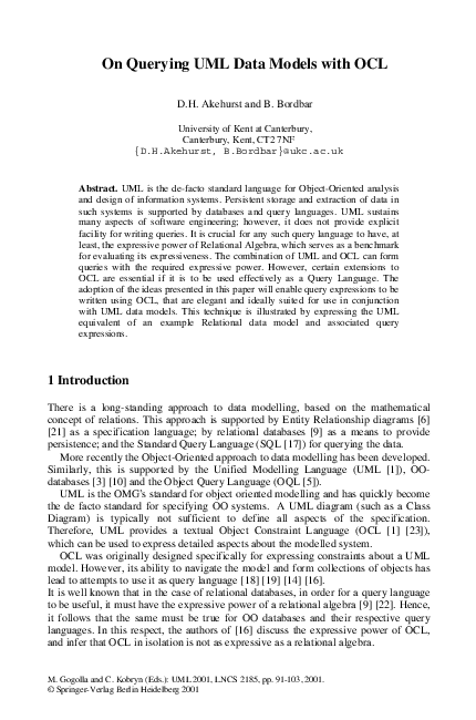 (PDF) On Querying UML Data Models with OCL