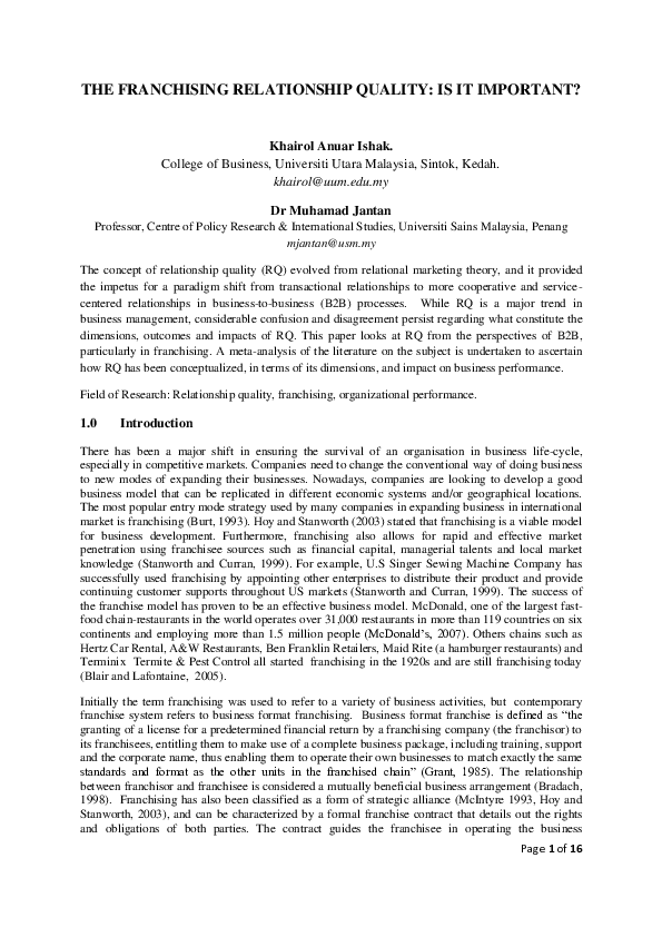 (PDF) The franchising relationship quality: Is it important?