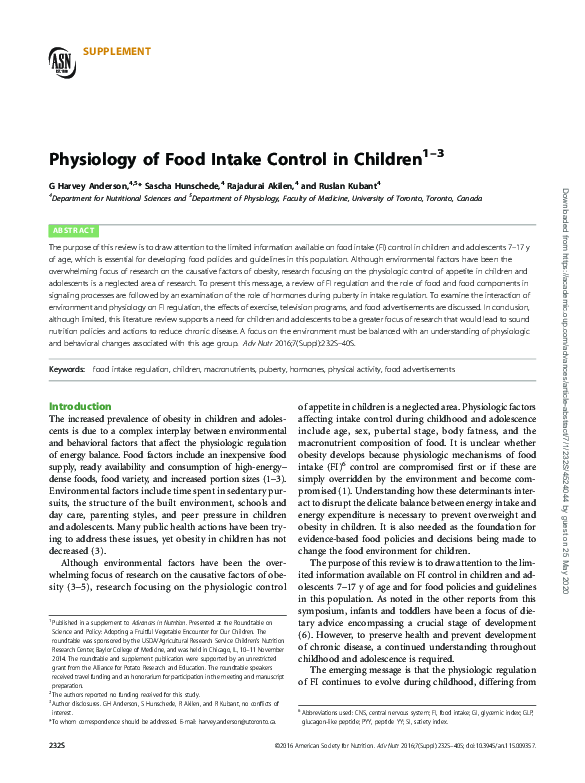 (PDF) Physiology of Food Intake Control in Children | Harvey Anderson ...