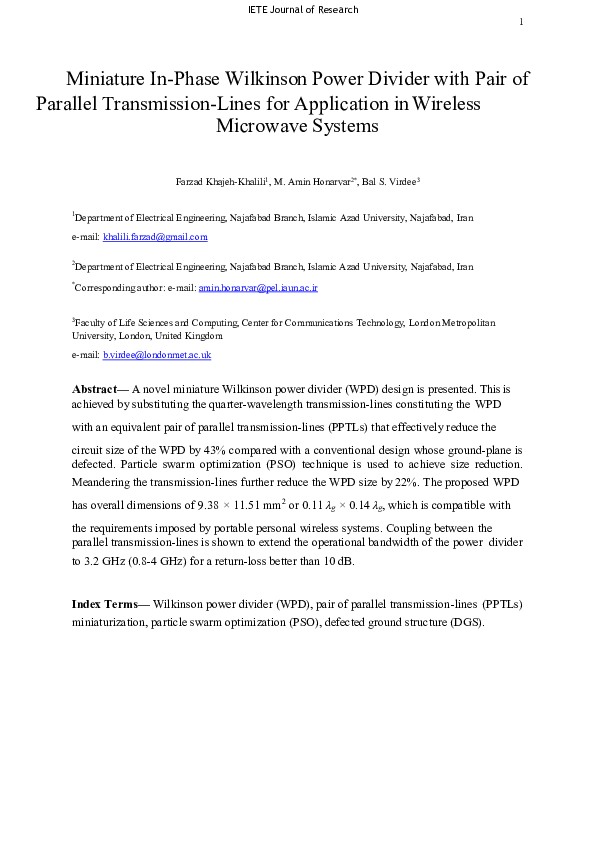 (PDF) Miniature In-Phase Wilkinson Power Divider with Pair of Parallel Transmission-Lines for ...