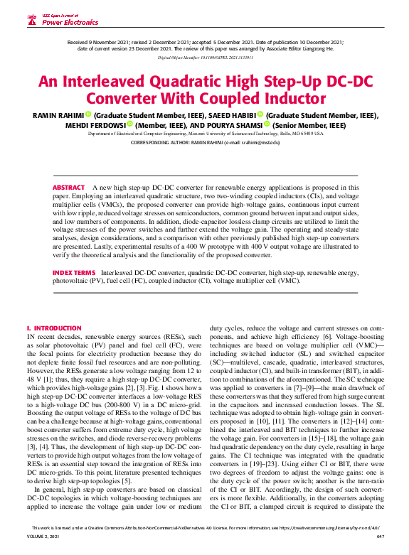 (PDF) An Interleaved Quadratic High Step-Up DC-DC Converter With Coupled Inductor