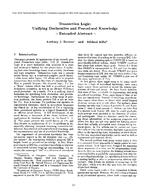 Pdf Transaction Logic Unifying Declarative And Procedural Knowledge Extended Abstract