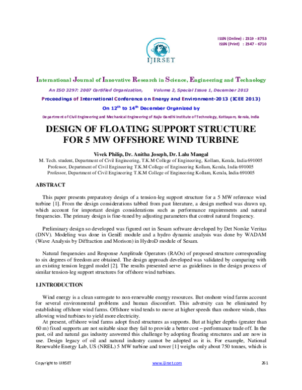 (PDF) Design of Floating Support Structure for 5 MW Offshore Wind Turbine