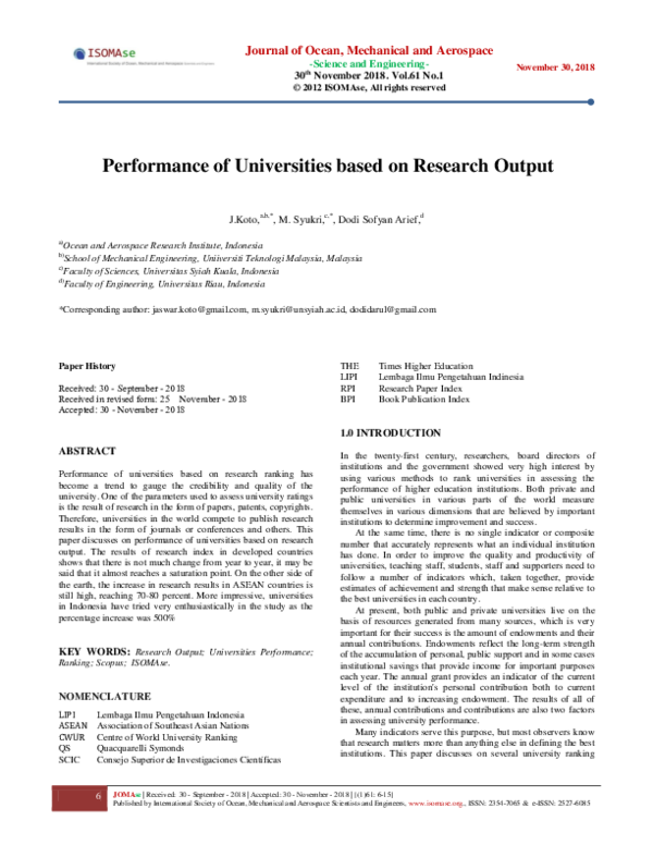(PDF) Performance of Universities based on Research Output