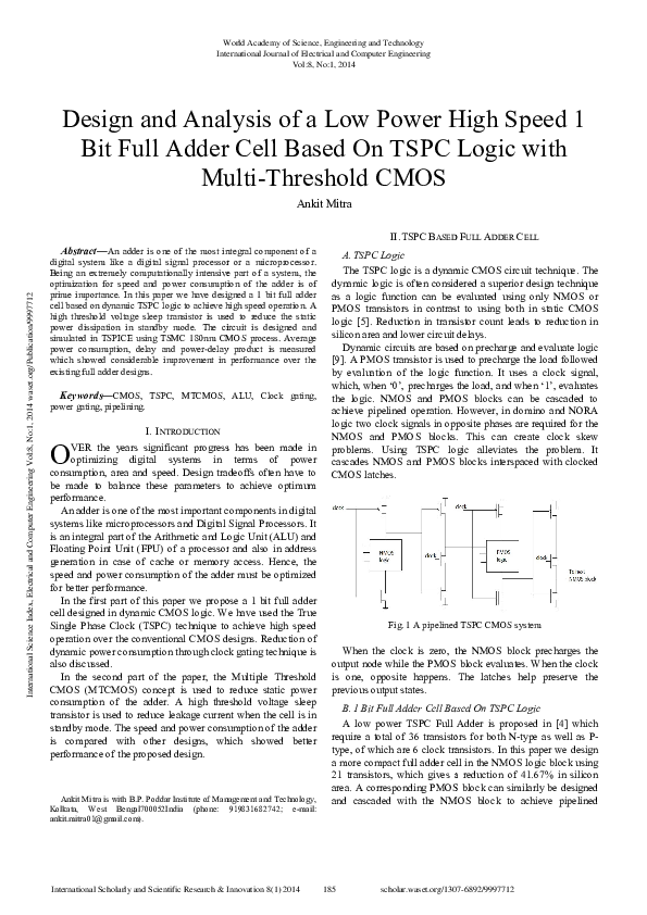 (PDF) Design and Analysis of a Low Power High Speed 1 Bit Full Adder Cell Based On TSPC Logic ...