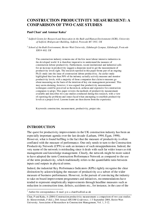 (PDF) Construction Productivity Measurement : A Comparison of Two Case ...