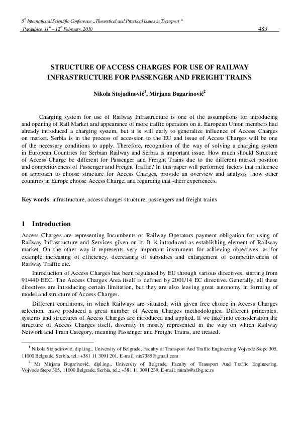 (PDF) Structure of access charges for use of railway infrastructure for ...