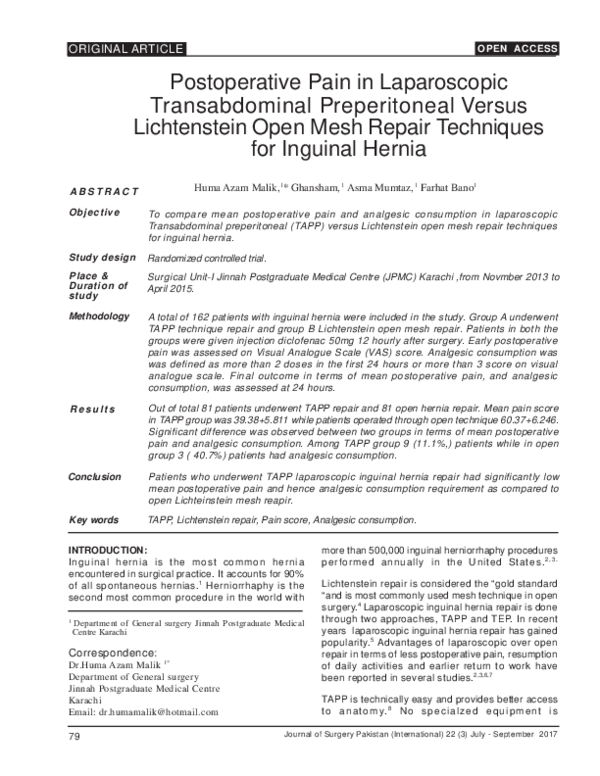 (PDF) Postoperative Pain in Laparoscopic Transabdominal Preperitoneal Versus Lichtenstein Open ...