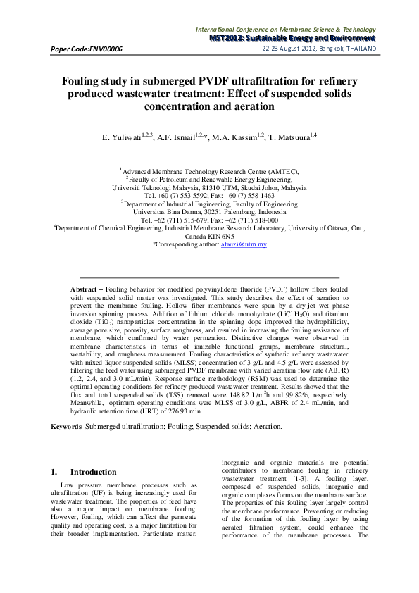 (PDF) Fouling study in submerged PVDF ultrafiltration for ...