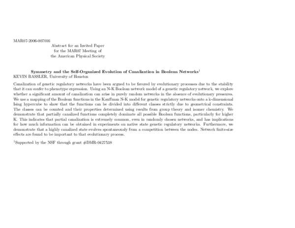 (PDF) Symmetry and the Self-Organized Evolution of Canalization in Boolean Networks