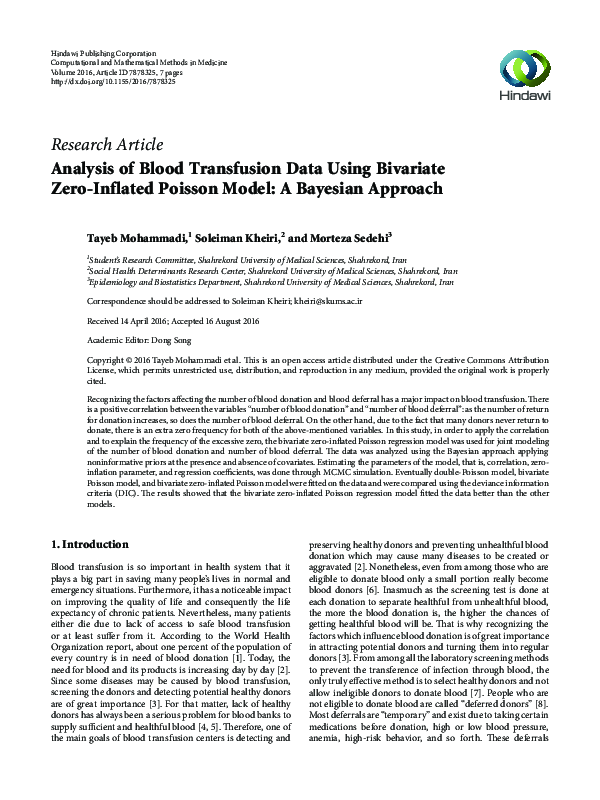 (PDF) Analysis of Blood Transfusion Data Using Bivariate Zero-Inflated Poisson Model: A Bayesian ...