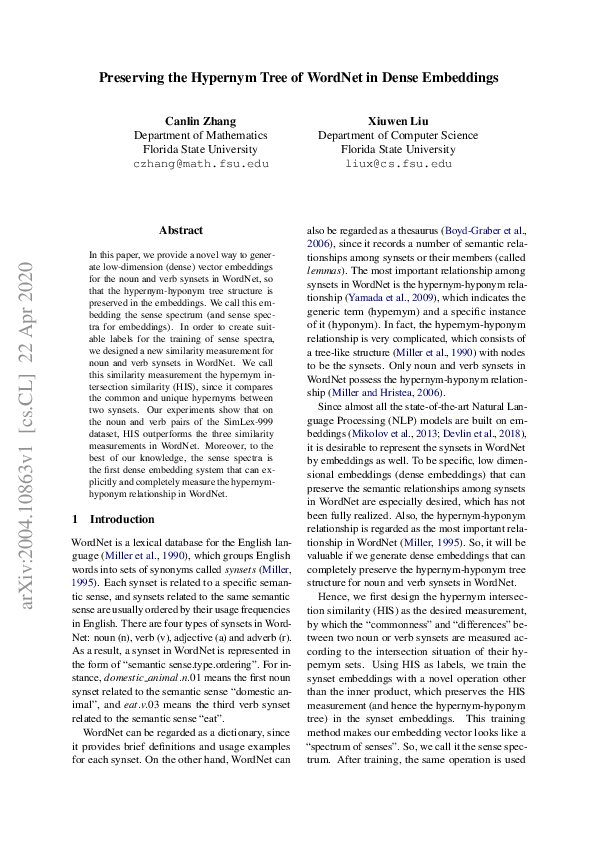 Pdf Preserving The Hypernym Tree Of Wordnet In Dense Embeddings