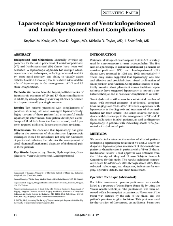 (PDF) Laparoscopic management of ventriculoperitoneal and ...