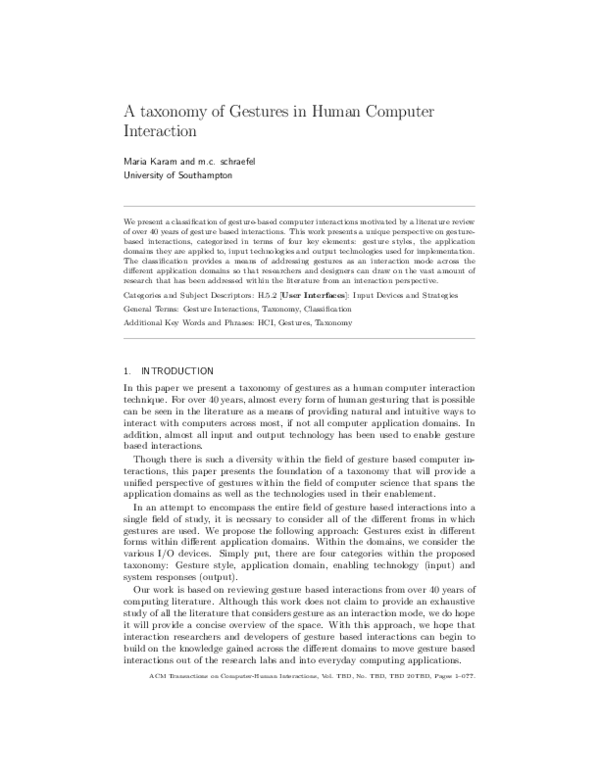 (PDF) A Taxonomy of Gestures in Human Computer Interactions