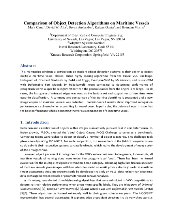 (PDF) Comparison of Object Detection Algorithms on Maritime Vessels