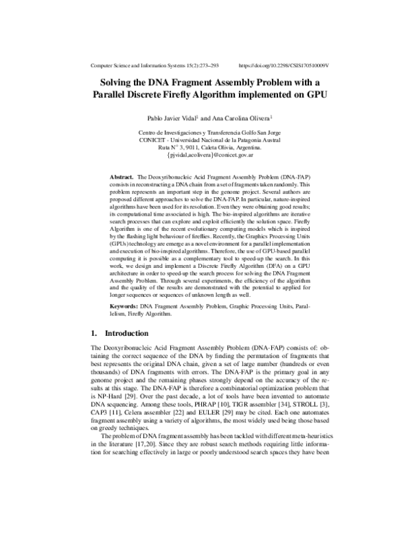 Pdf Solving The Dna Fragment Assembly Problem With A Parallel Discrete Firefly Algorithm