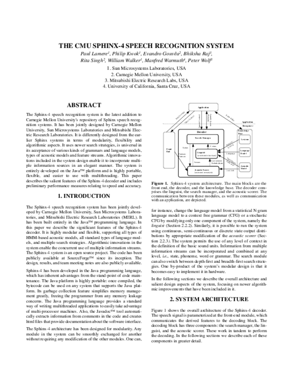 Pdf The Cmu Sphinx 4 Speech Recognition System