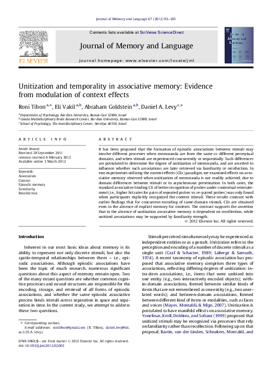 (PDF) Unitization and temporality in associative memory: Evidence from modulation of context ...