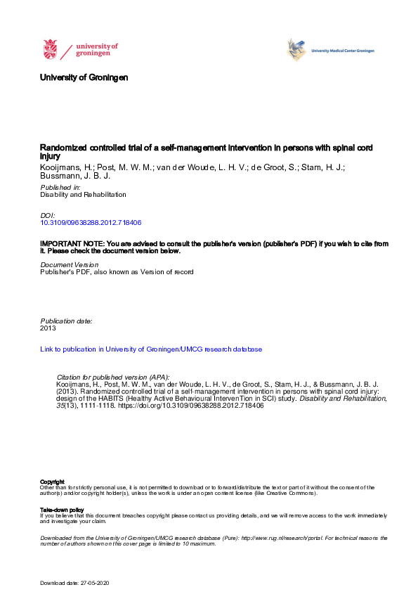 Pdf Randomized Controlled Trial Of A Self Management Intervention In Persons With Spinal Cord